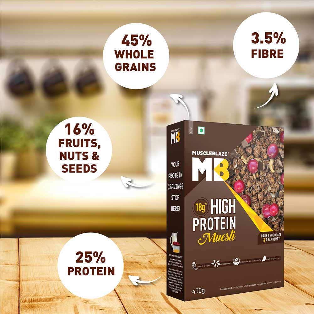 MuscleBlaze High Protein Muesli 0.4Kg, Dark Chocolate & Cranberry