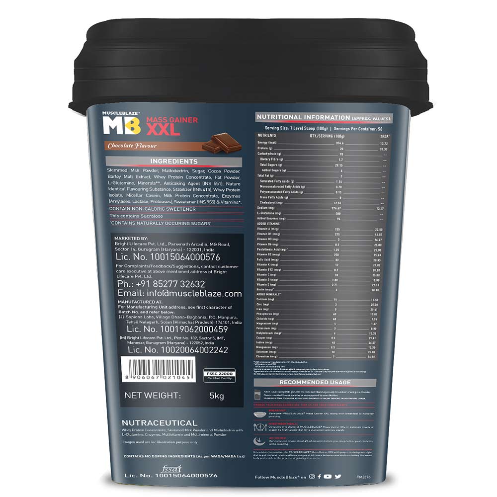 MuscleBlaze Mass Gainer XXL with Carbs & Protein, 11lb /5kg chocolate